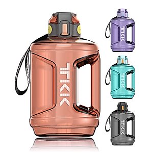 TKK Half Gallon Water Bottle Jug with Straw Time Marker Big Bottle Dishwasher Safe 1/2 Gallon 64 Oz Jug BPA Free Tritan for Gym Yoga Travel Camping Outdoor Orange Pink