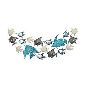 MODERNIST HOME School of 18 Fish Wall Art, Crescent, Vivid Blue with Shimmery Silver, Muted Grey and Beige Paint, Iron, 5 Feet Wide (2.75 L x 59 W x 31.5 H Inches) Home Wall Decor