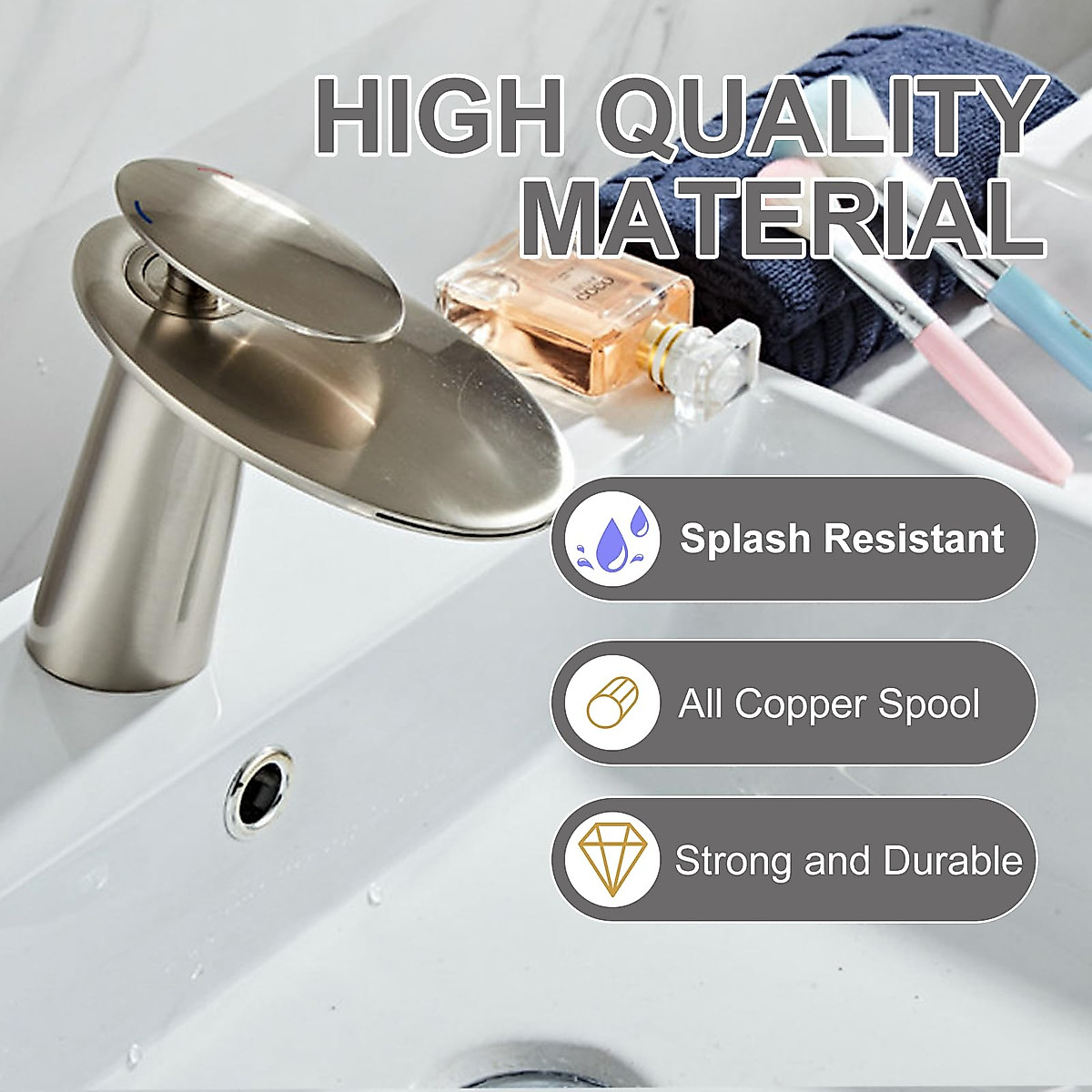 Wovier Brushed Nickel Waterfall Bathroom Sink Faucet,Single Handle Single Hole Brass Lavatory Vanity Faucet,Slanted Body Basin Mixer Tap with Supply Hose