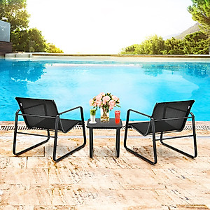 Giantex 3 Pieces Patio Bistro Set, Outdoor Dining Furniture Set with Rustproof Steel Frame, Porch Conversation Set with Glass Top Table & 2 Lawn Chairs for Garden Balcony Deck Yard, Black