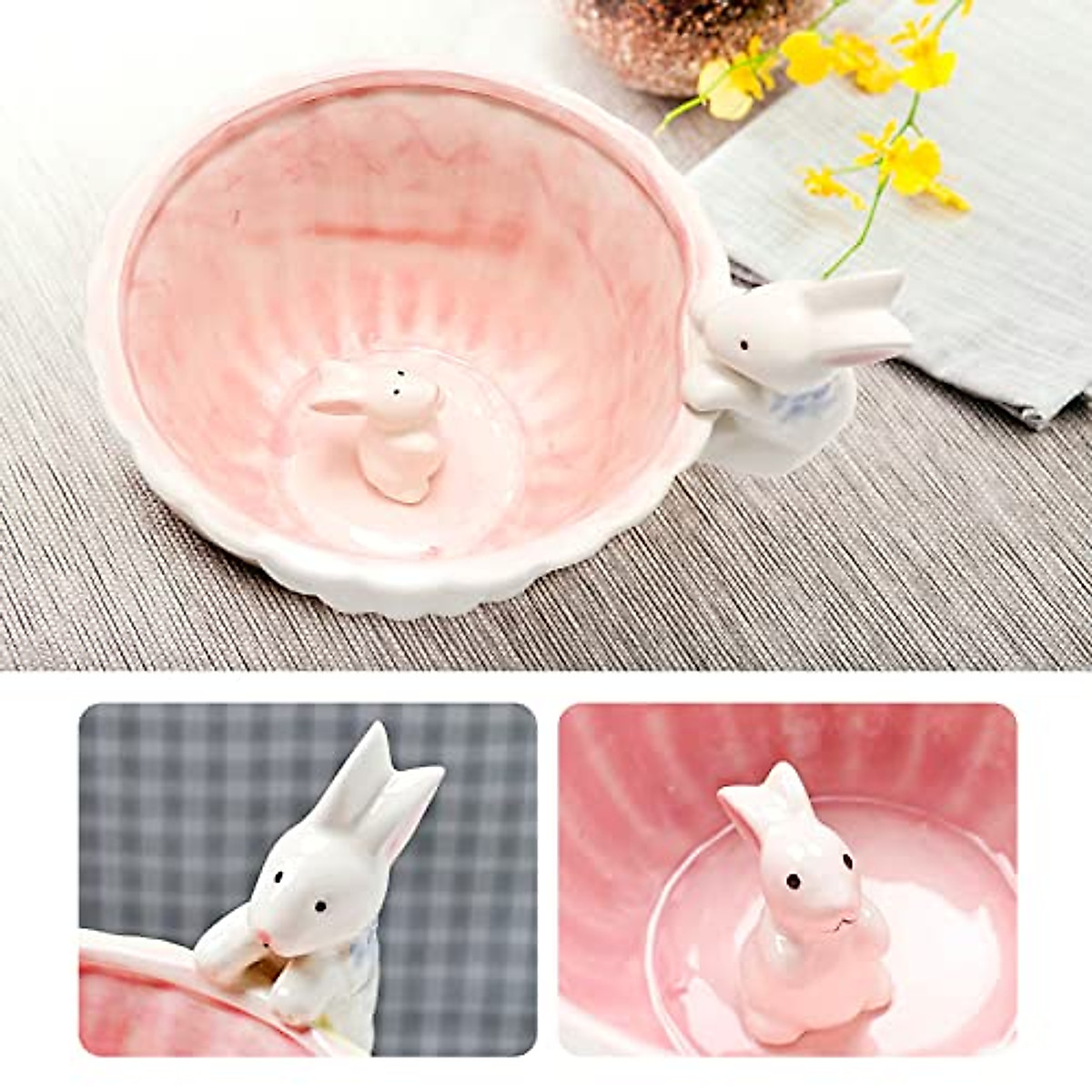 LIDSCURA Easter Rabbit Bowl, White Pink Double Rabbit Bowl, For Serving Salad, Noodles, Soup and Rice, Cute Cartoon Rabbit-Shaped Ceramic Bowl for Little Girls, Kids Birthday Family Table Decoration