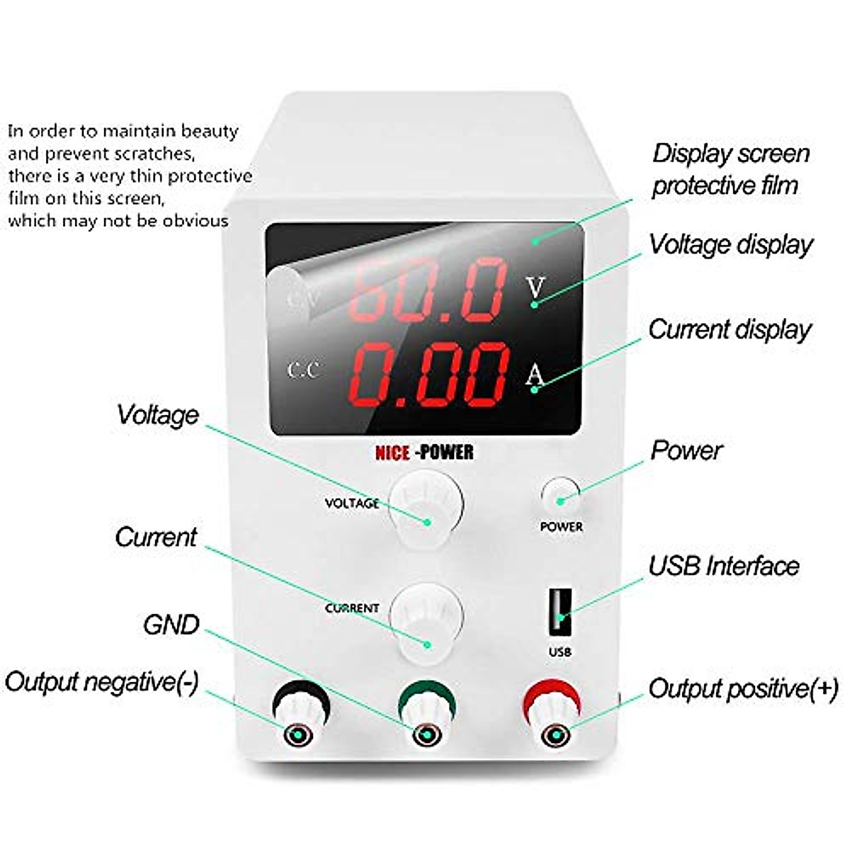 NICE-POWER DC Power Supply Adjustable Variable 3Digital LED Display Adjustable Regulated Switching Lab Bench Power Supply Digital (60V 5A)