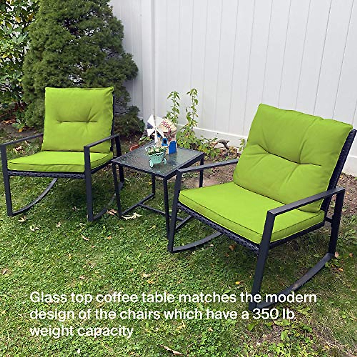Pyramid Home Decor 3-Piece Rocking Bistro Set - Durable & Stylish Synthetic Wicker Outdoor Furniture - Glass Coffee Table with 2 Chairs for Balcony, Patio & Porch - Black Metal, Soft Green Cushions