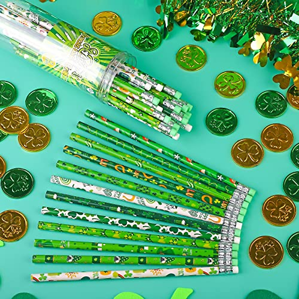 ADXCO 36 Pieces St Patrick's Day Pencils Green Shamrock Pencils with Erasers and Pencil Bucket Irish Pencils for St. Patrick's Party Favors Supplies, School, Classroom, 12 Styles