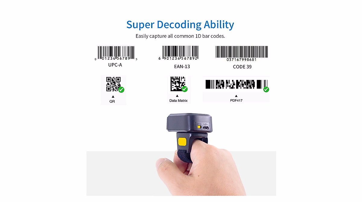 Alacrity 2D Wireless Ring Barcode Scanner,Portable Bluetooth Wearable ...