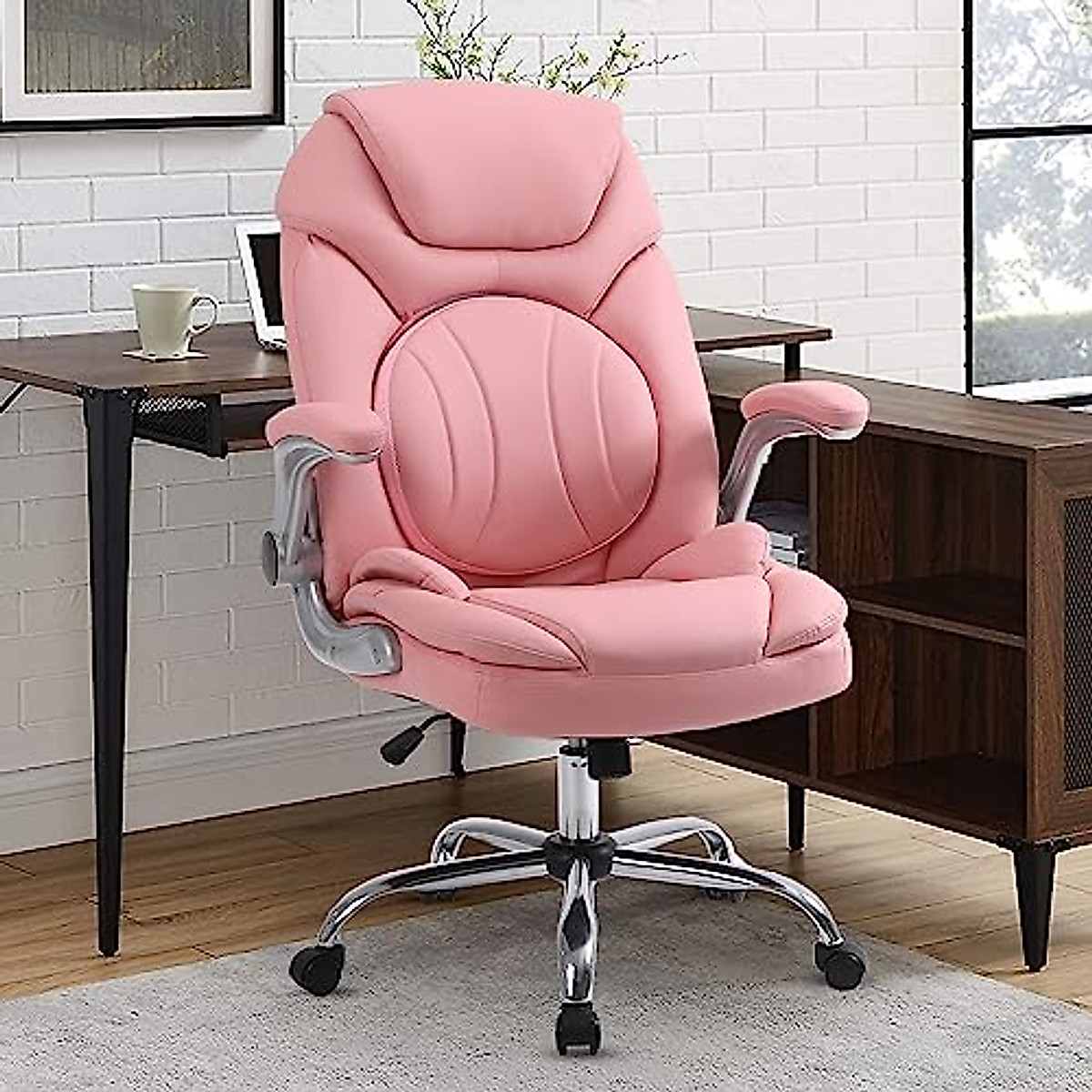 Comermax Ergonomic Executive Office Chairs with Adjustable Lumbar Support, 90-120° Rocking Managerial Chair Swivel Desk Chairs with Padded Flip-up Armrests (Pink), Medium(300lbs)