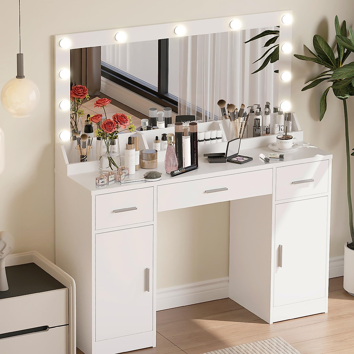MIRROTOWEL 47.5” Vanity Desk with Large Mirror, 3 Colour Lighting Modes, Adjustable Brightness, Dresser with 3 Drawers & 2 Vertical Cabinets, Makeup Vanity Table for Women Girls White