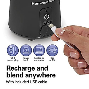 Hamilton Beach Mini Cordless Portable Personal Blender for Shakes and Smoothies, USB Rechargeable, 16 oz. Jar with Leakproof Travel Lid, 6 Stainless Steel Blades, Black (51180)
