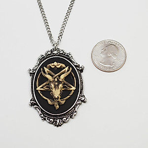 Antiqued Goat Head Satanic Baphomet Cameo Bone on Black In Silver Finish Frame Pendant Necklace