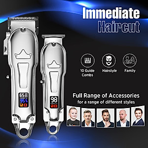LURNOFY Hair Clippers for Men + T-Blade Trimmer Kit, Professional Edgers Barber Clippers Set Cordless Rechargeable Zero Gapped Beard Trimmer for Hair Cutting Grooming Kit with LED Display (Silver)