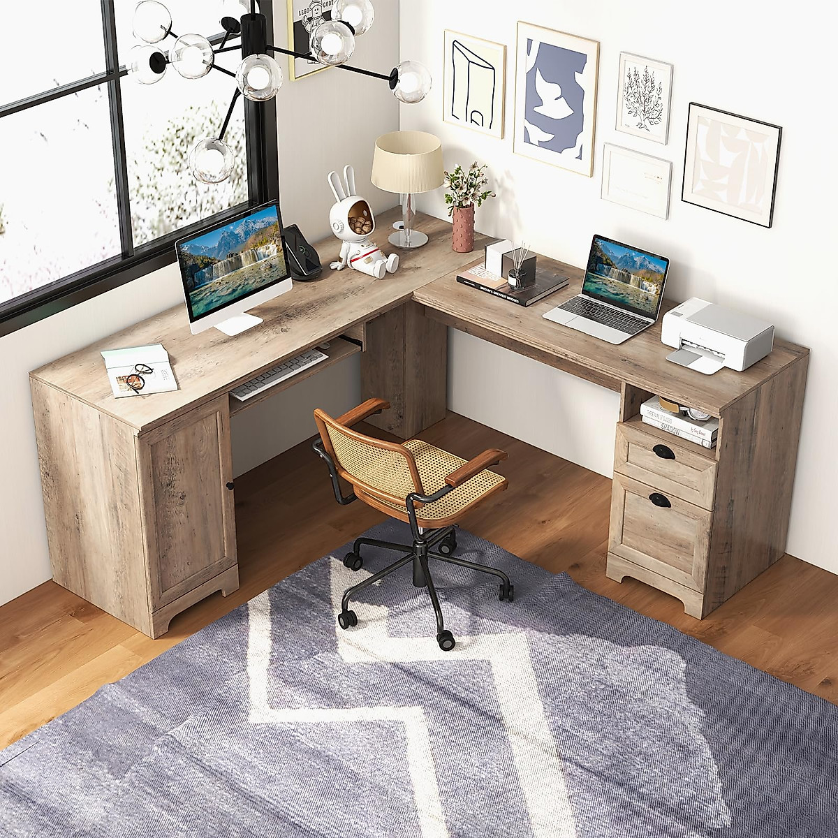Tangkula 66" x 66" L-Shaped Office Desk with Keyboard Tray, Spacious Corner Computer Desk with Storage Drawers & Cabinet, Home Office Desk Executive Office Desk, Space-Saving Computer Workstation