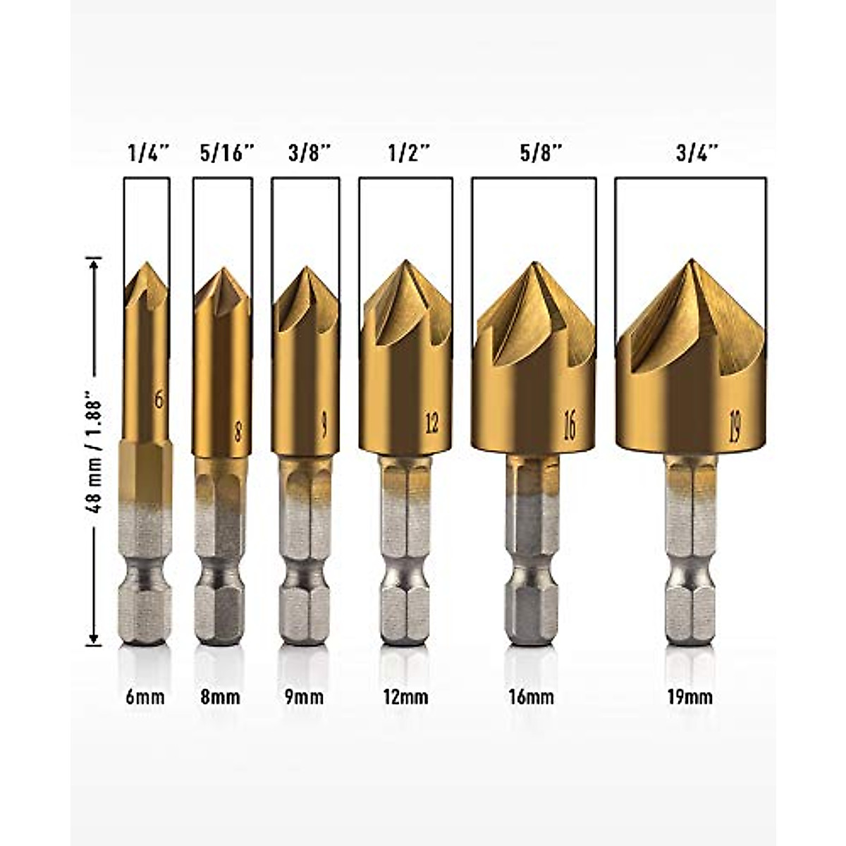 QWORK Countersink Drill Bits Center Punch Set 6 Pcs 1/4'' Hex Shank HSS 5 Flute Countersink 90 Degree Center Punch Tool Sets for Wood Quick Change Bit 6mm-19mm