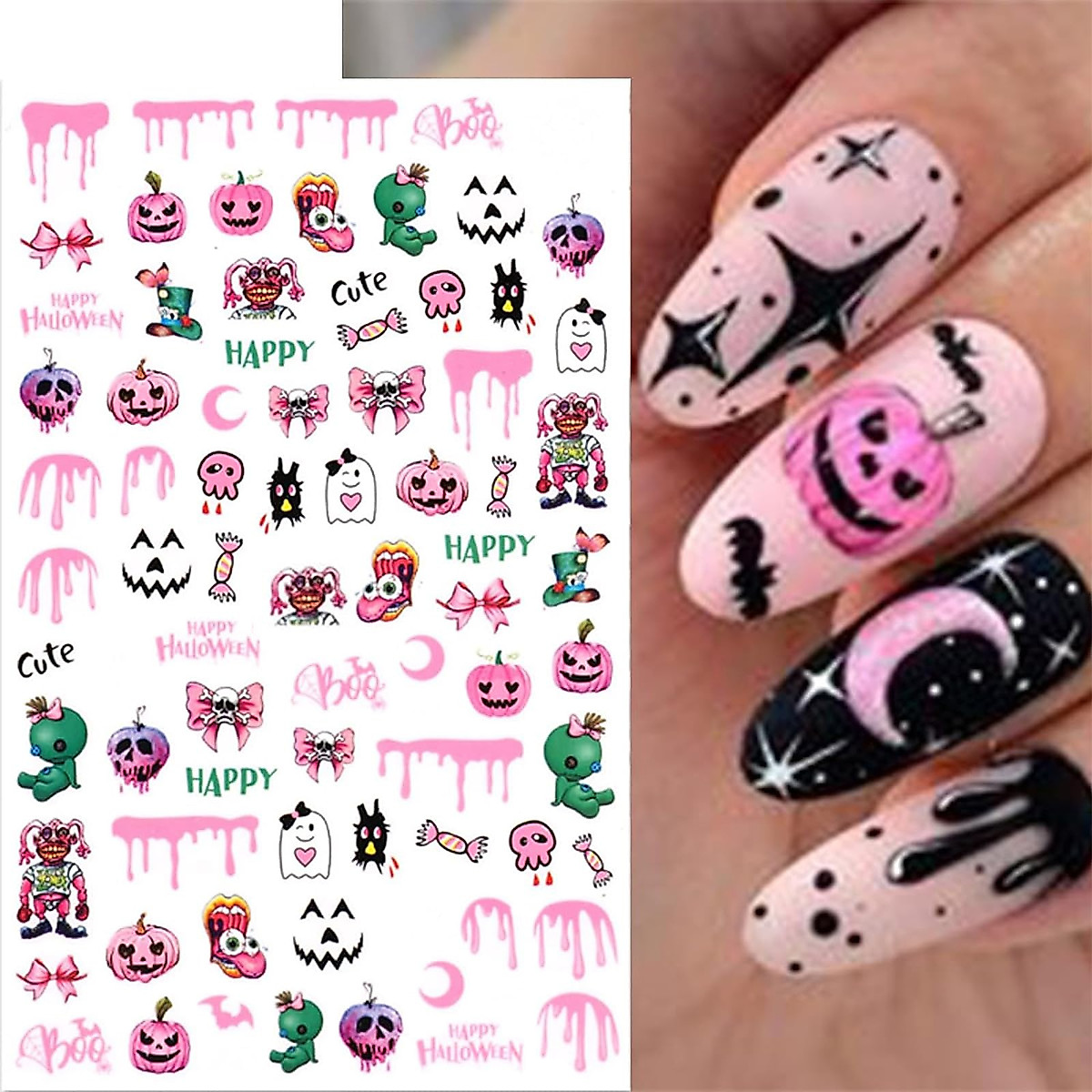 JMEOWIO 9 Sheets Pink Halloween Nail Art Stickers Decals Self-Adhesive Pegatinas Uñas Skull Cute Horror Ghost Witchy Spider Web Bat Pumpkin Nail Supplies Nail Art Design Decoration Accessories