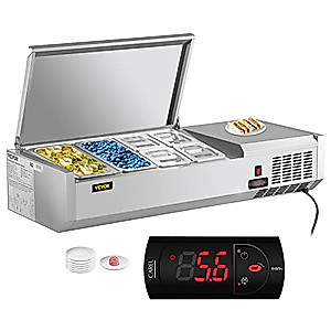 VEVOR 10.8 Qt Sandwich Table 150W Stainless Salad Bar Refrigerated Condiment Prep Station, 48-Inch, Silver