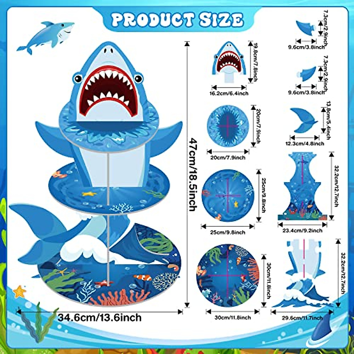 3 Tier Shark Party Cupcake Stand Decorations Under The Sea Shark Theme Cupcake Holder Ocean Animal Shark Dessert Tower for Kids Shark Sea Theme Party Baby Shower Fishing Birthday Party Favor Supplies