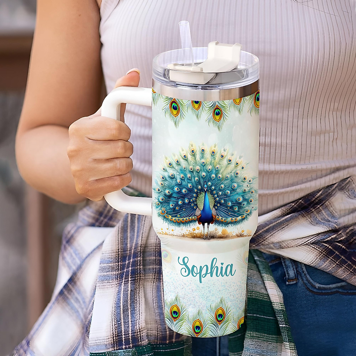 Hyturtle Personalized Peacock Tumbler - Just A Girl Who Loves Peacock Tumbler - Animal Gifts For Women Lovers - Animal Present Decor On Birthday - Custom Travel Coffee Cup 40oz With Lid And Straw