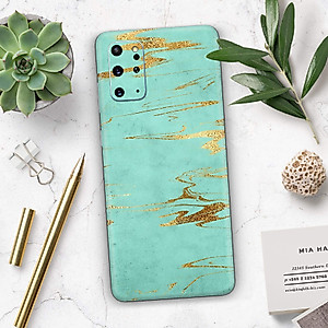 DesignSkinz Mint Marble & Digital Gold Foil V2 Protective Vinyl Decal Wrap Skin Cover Compatible with The Samsung Galaxy S20 (Screen Trim & Back Glass Skin)
