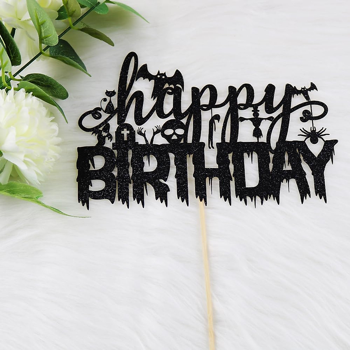 Black Glittery Halloween Happy Birthday Cake Topper Halloween Birthday Cake Picks with Bat Ghost Spider Signs Halloween Boys Girls Birthday Baby Shower Party Cake Supplies Decorations (1)