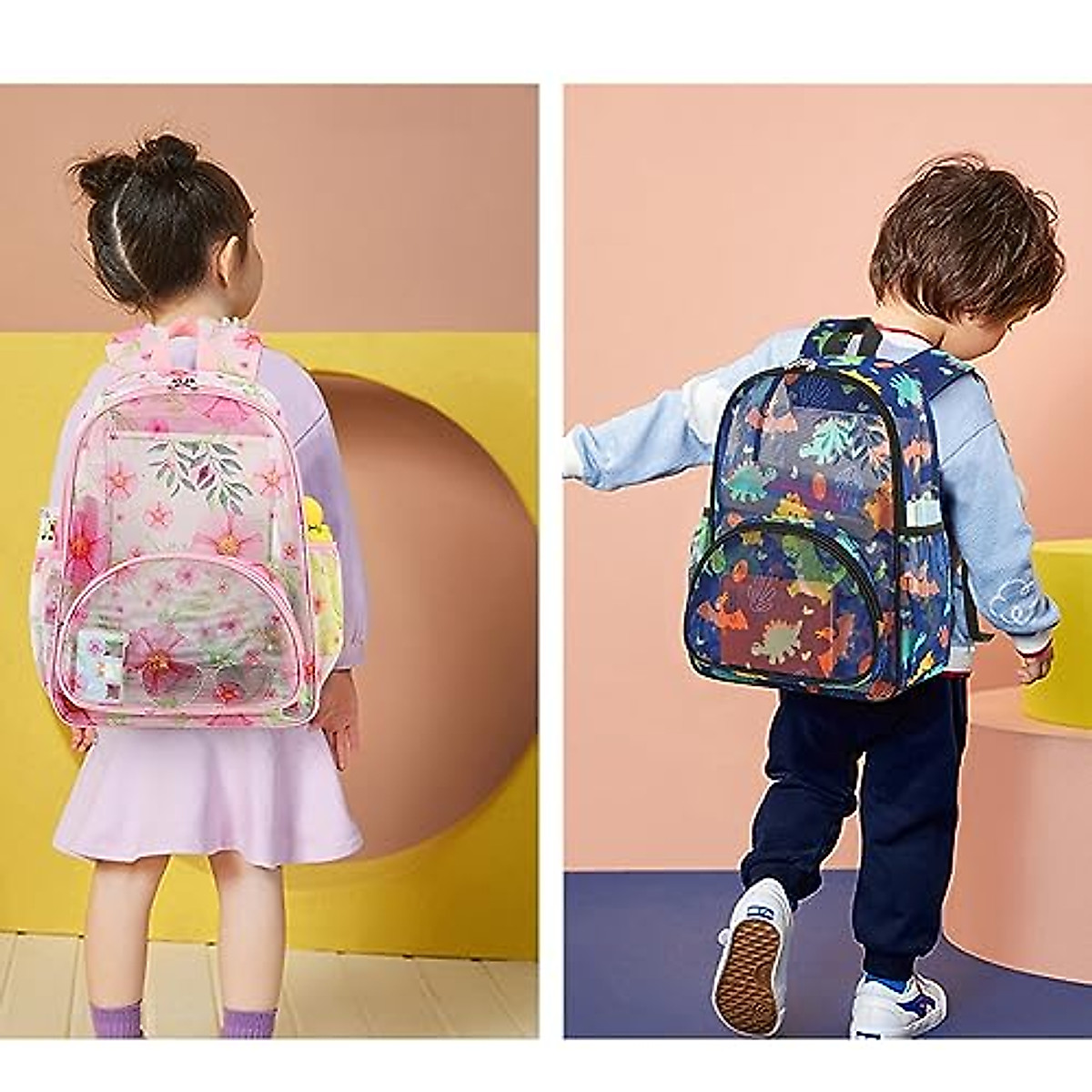 LOIDOU Mesh Backpack for Toddler Girls Semi-Transparent Mesh Bookbag 15 Inch Preschool Kindergarten Backpacks See Through Sturdy School Bags for Travel Beach Hiking Swim
