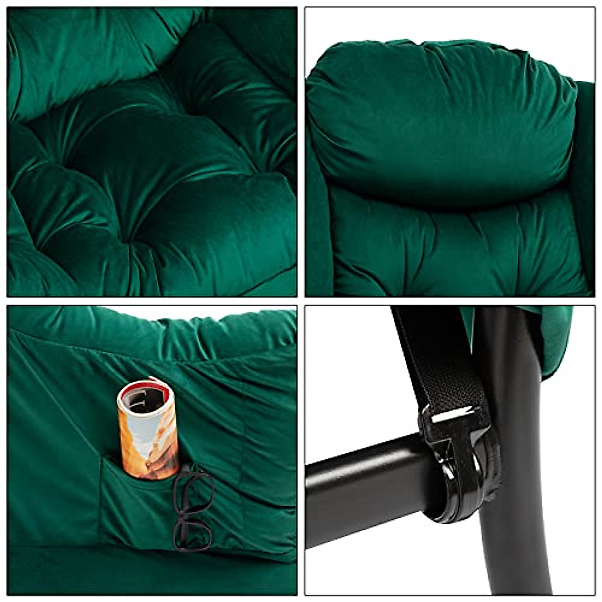 AcozyHom Modern Cotton Fabric Lazy Chair, Accent Contemporary Lounge Chair, Single Steel Frame Leisure Sofa Chair with Armrests and A Side Pocket, Thick Padded Back, Velvet Green