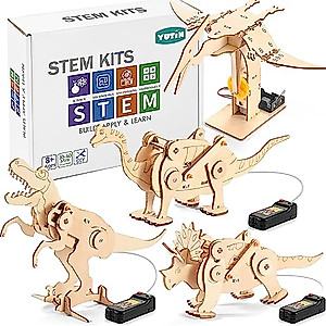 STEM Projects Kits for Kids Age 8-10-12, 4 in 1 3D Wooden Puzzles Dinosaur Craft for 6-8, Building Toys for Boys Ages 8-12, Wood Woodworking Model Kits, DIY Dino Robot Kit