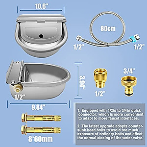 Automatic Animal Drinking Water Bowl with Float Valve, 304 Stainless Steel Kit Includes Bowl, Pipe, 2 Valves, Quick Connector Adapter and Countersunk Bolts.