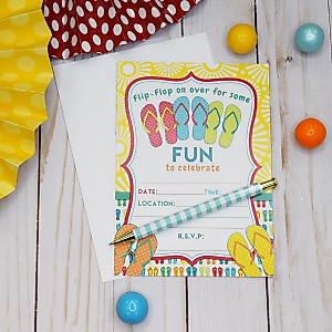 Amanda Creation Flip Flop Birthday Party Fill In Invitations set of 20 with envelopes. Perfect for Summer parties, graduation, family reunions, barbeques and more
