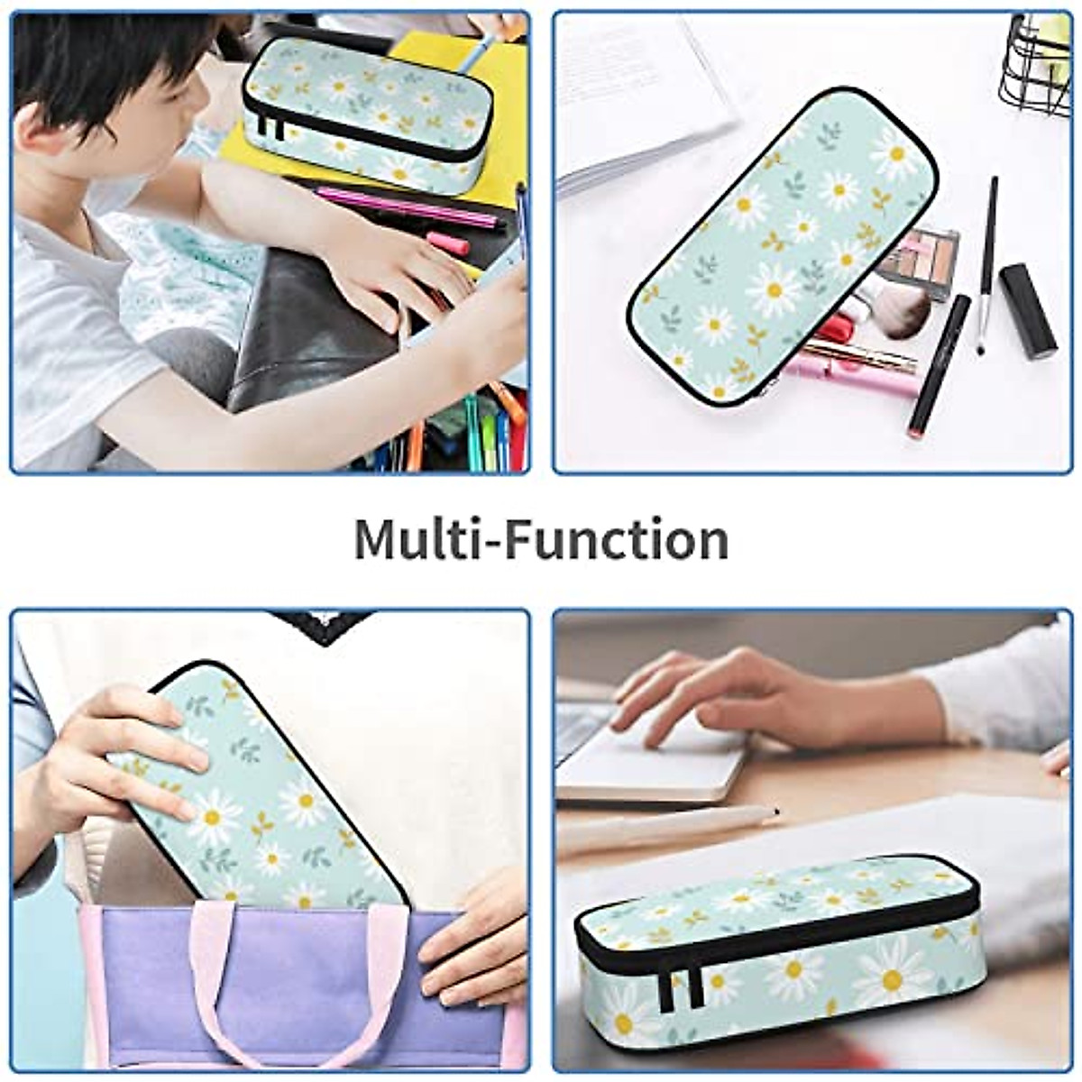 Cute Green Daisy Pencil Case with Zipper, Large Capacity Kawaii Pencil Pouch Aesthetic Pencil Box Marker Pencil Bag for Girls and Boys