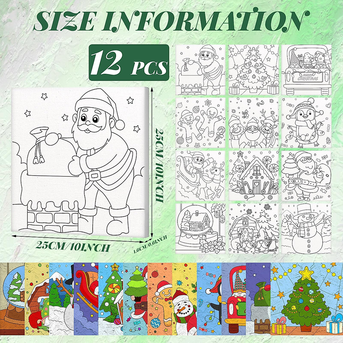 Cholemy 12 Set Christmas Pre Drawn Canvas for Painting 10 x 10 Inch Xmas Trees Santa Snowman Canvas Boards with 12 Acrylic Paints and 12 Paintbrushes for Adults DIY Art Paint Supplies, 12 Styles