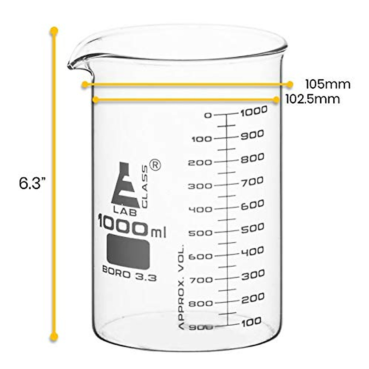 EISCO Beaker, 1000ml - ASTM - Low Form with Spout - Dual Scale, White Graduations - Borosilicate 3.3 Glass