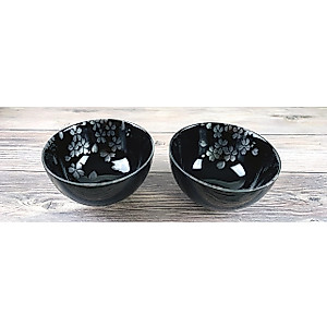 JapanBargain 4690, Japanese Porcelain Rice Bowls Gift Set,Cherry Blossom Sakura Pattern Miso Soup Bowls, Black and Silver Color, Set of 5, Made in Japan