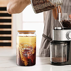 Delsakhula 30th Birthday Gifts for Women Men Vintage 1993 Coffee Can Glass 30 Year Old Birthday Vintage 1993 Glass Can Gifts for Women Men Coffee Glass Can with Bamboo Lid and Glass Straw 16 Oz