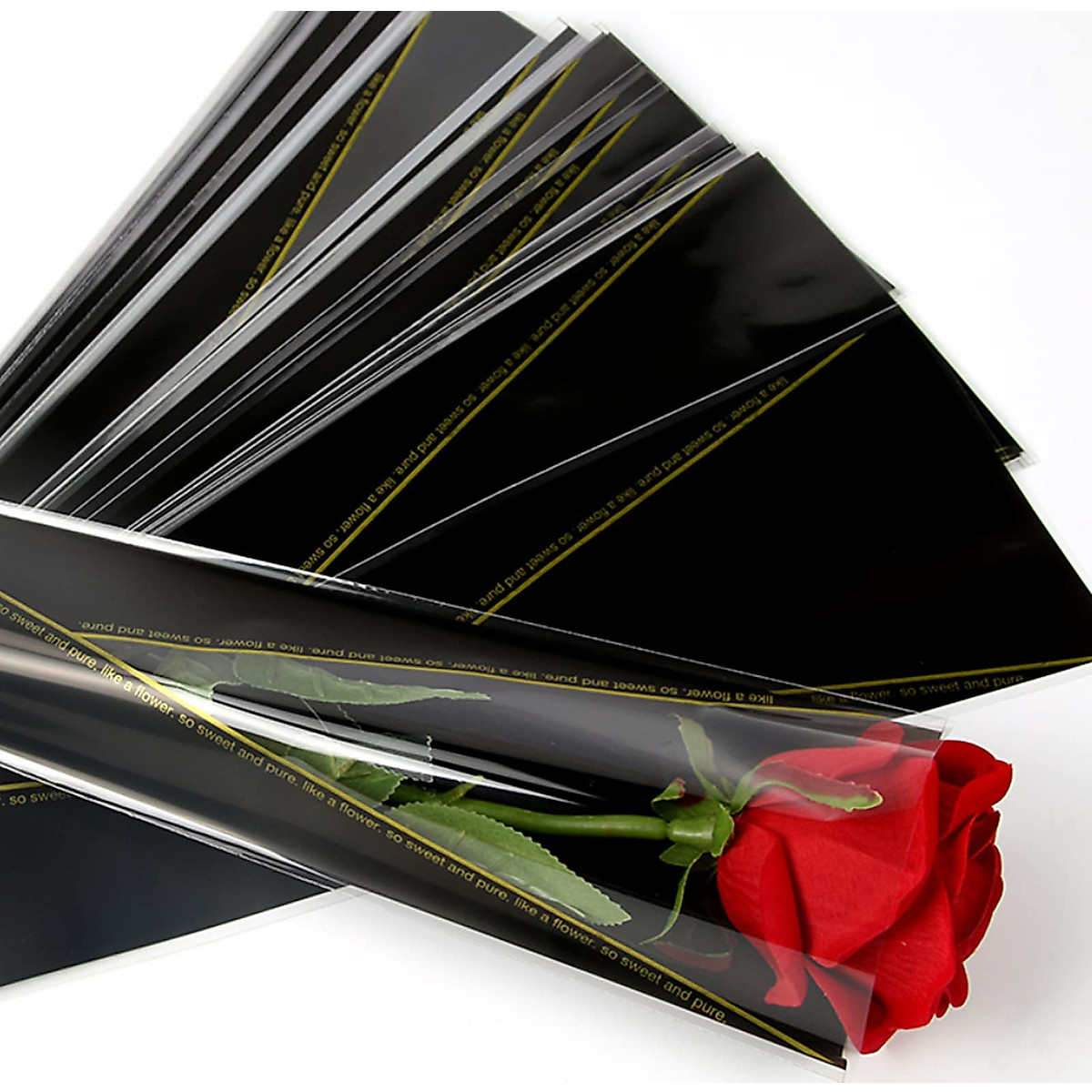 100 Counts Single Floral packaging bag,Single Rose Sleeve,Single Rose And Carnations Flower Wrapping Paper,Flower Bouquet Sleeve Bag for Mother's day Valentines Day Wedding Birthday Gift (Black+White)