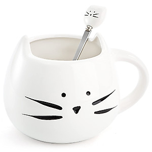 ZEAYEA Set of 2 Cat Coffee Mug, 12 oz Ceramic Cute Tea Milk Cup with Spoon for Women Girls Cat Lovers, Couple Coffee Mugs Best Gift for Christmas, Birthday, Anniversary, White and Black