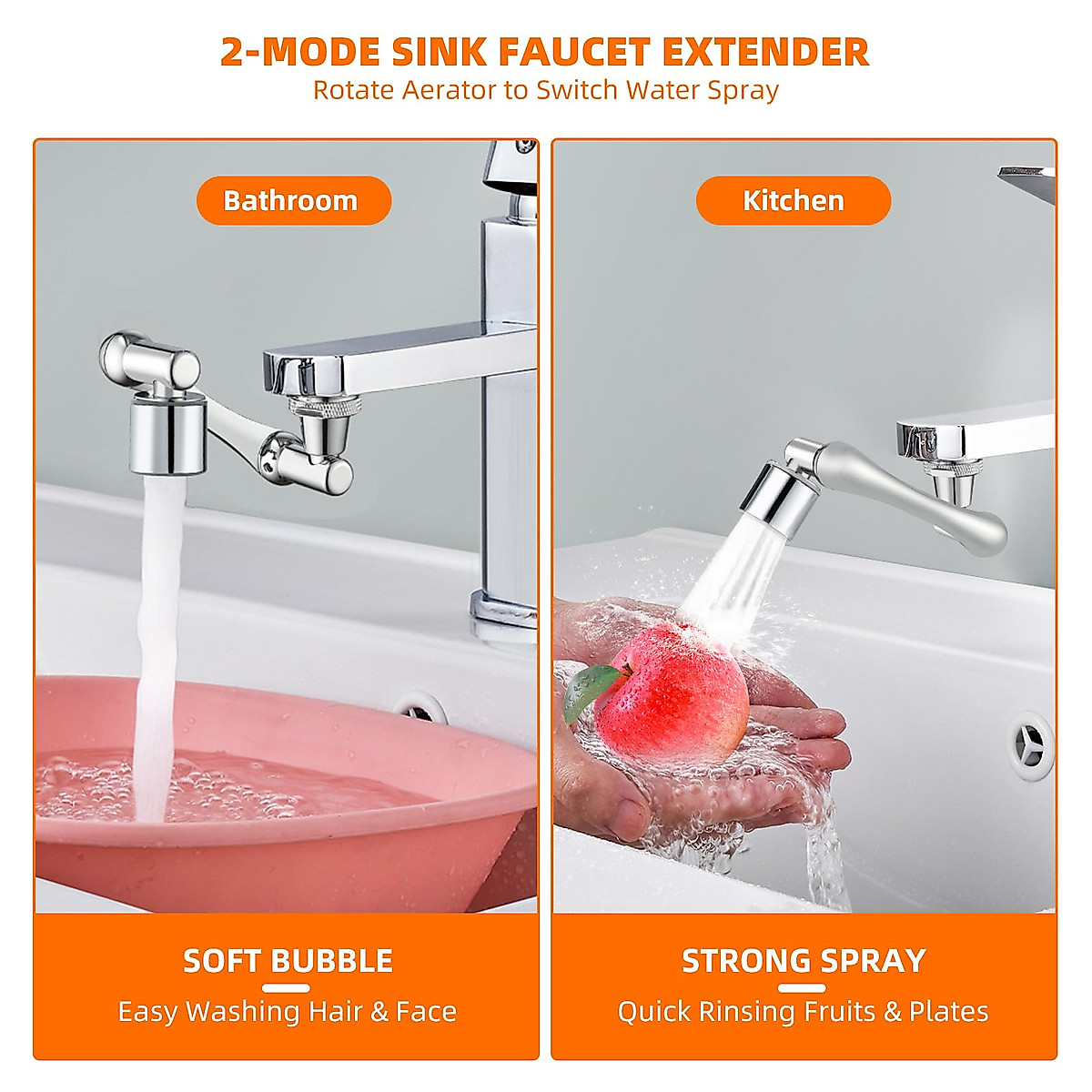 CLINFASTER 1080° Swivel Faucet Extender, 360° Swivel Robotic Arm Faucet Aerator, 2 Mode Splash Water Filter Extension, Multifunctional Universal Model Sink Faucet Adapter for Kitchen/Bathroom Sink