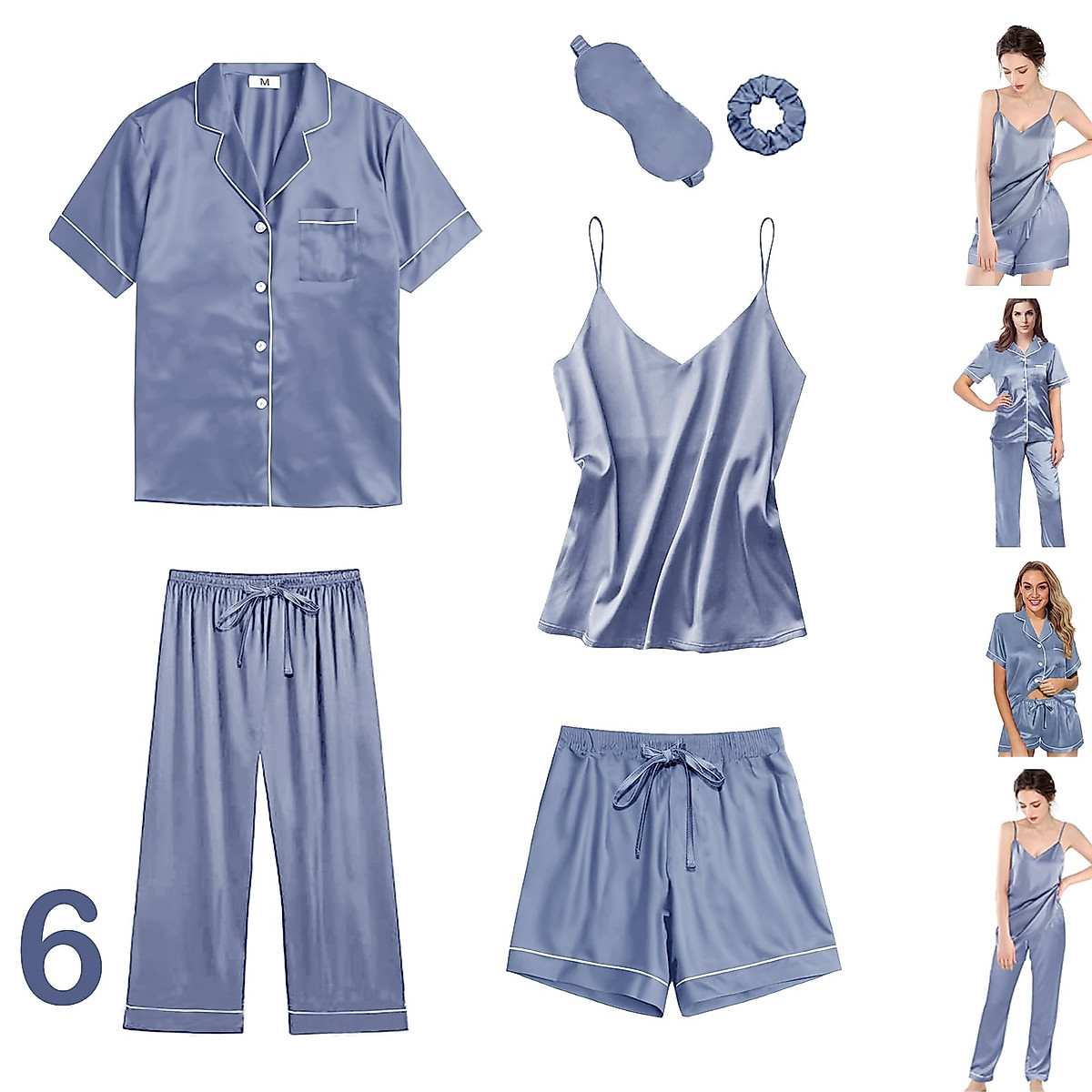 WJing Yi Jia 6Pcs Womens Silk Satin Pajama Sets Pj Sets Short Pjs Set Pajamas Sleepwear Camisole Sexy Cami Dusty Blue