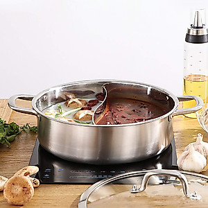 Xuthusman 304 Food Grade Stainless Steel Shabu Shabu Hot pot with Divider&Lid for Induction Cooktop Gas Stove Dual Sided Soup Cookware with 2 Soup Ladles (28cm)