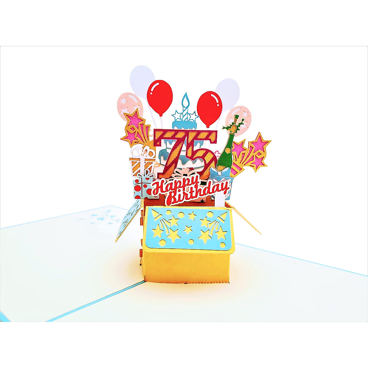 iGifts And Cards Happy 75th Blue Birthday Party Box 3D Pop Up Greeting Card – Seventy-Five, Awesome, Balloons, Unique, Celebration, Feliz Cumpleaños, Fun, Mom, Dad