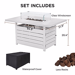Wisteria Lane 54.3” Outdoor Patio Aluminum Fire Pit Table, 50000 BTU CSA Certified Propane Gas Fire Pit, Rectangular Fire Table w/Stainless Burner, Lava Rock, Waterproof Cover