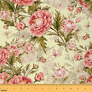 Retro Flowers Fabric by The Yard Pink Wild Blooming Floral Decor Fabric for Girls Sewing Lovers Watercolor Buttefly Vintage Garden Style Fabric for Room Decor and DIY Upholstery 1 Yard