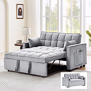 CALABASH 3 in 1 Sleeper Sofa Couch Bed, Small Tufted Velvet Convertible Loveseat Futon Sofa w/Pullout Bed, Adjustable Backrest, Pillows, Multi-Pockets for Living Room Apartment