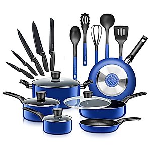 SereneLife Kitchenware Pots & Pans Basic Kitchen Cookware, Black Non-Stick Coating Inside, Heat Resistant Lacquer (20-Piece Set), One Size, Blue