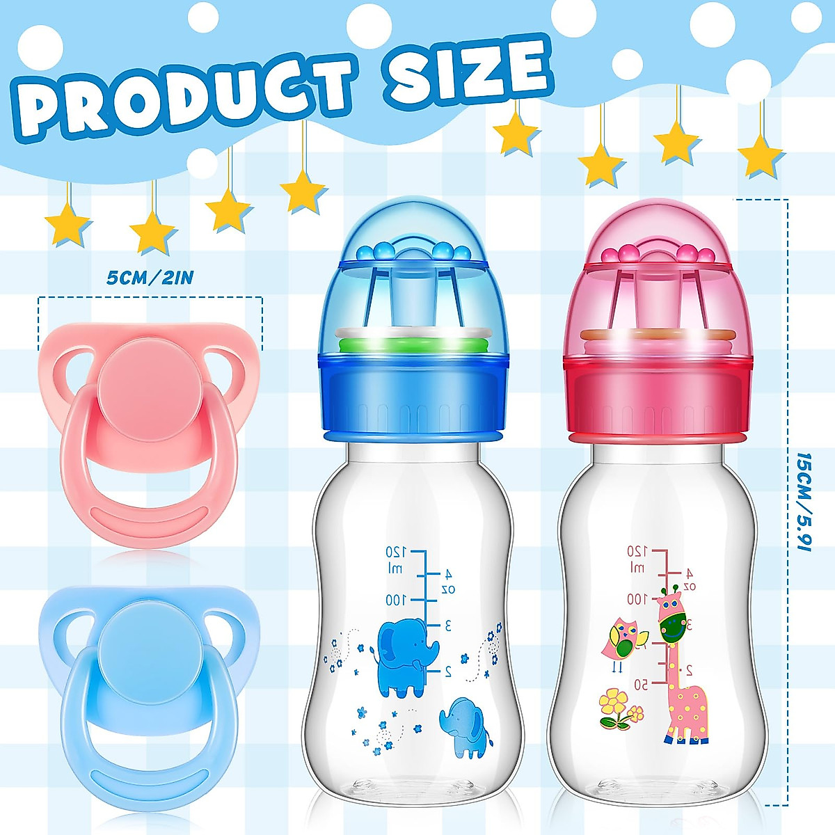 Jexine 4 Pieces Reborn Doll Accessories, Includes 2 Magnetic Pacifier and 2 Baby Doll Bottles Baby Alive Pacifier Feeding Bottle Gift for Baby Shower Birthday, Random Pattern, Pink and Blue (Cute)