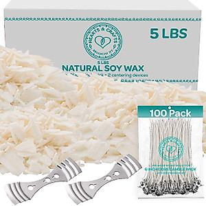 Hearts & Crafts Natural Soy Wax for Candle Making - 5lbs Natural Soy Wax - 100 6-Inch Pre-Waxed Candle Wicks, 2 Metal Centering Devices, 5lbs Soy Wax Flakes - Candle Wax for Candle Making Wax Supplies