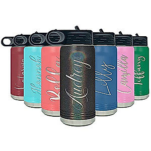 Personalized Bottle 20 oz with Straw Black Rainbow Glitter Custom Laser Engraved Stainless Steel Vacuum Insulated Sport Bottle with Name