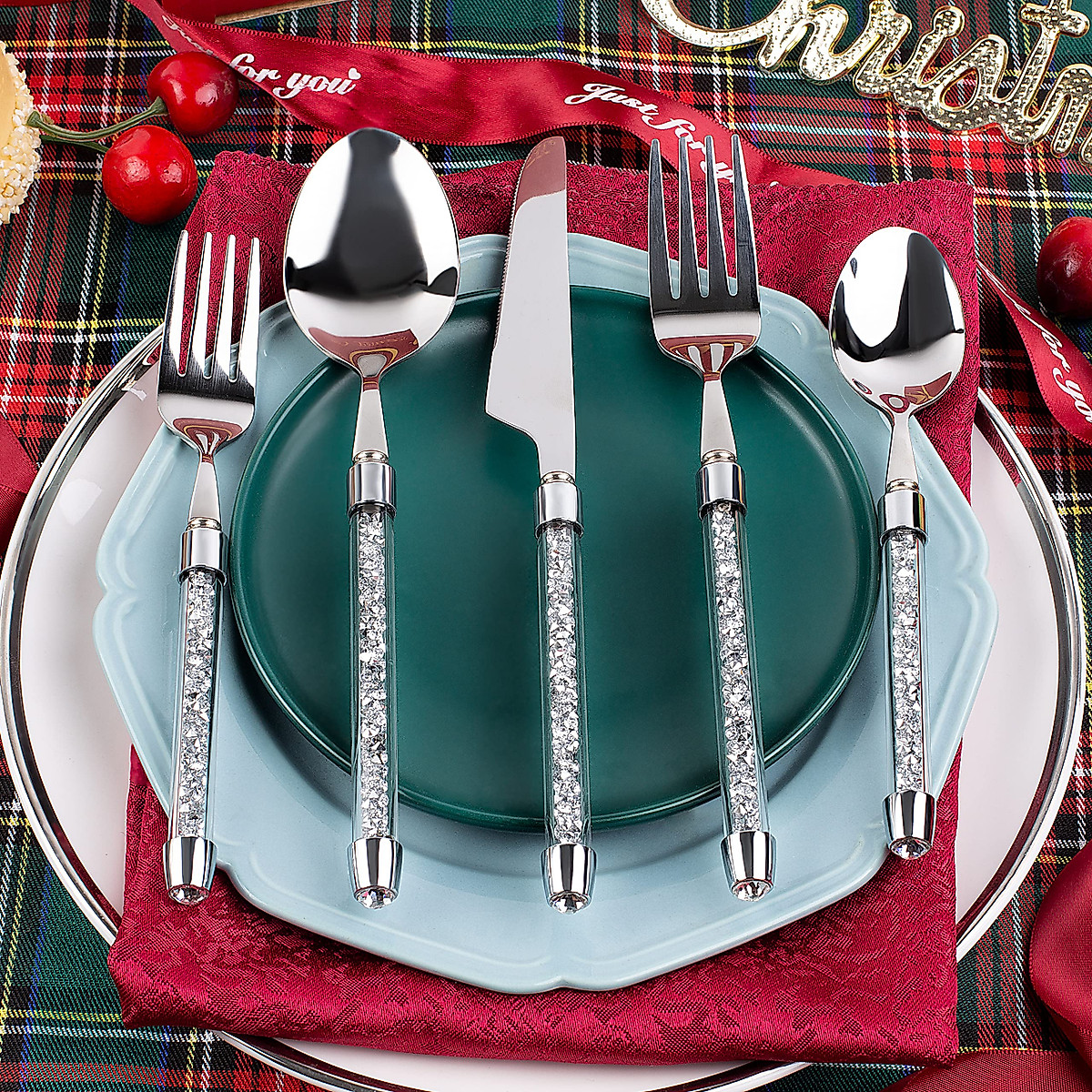 SHYFOY 5 Piece Modern Bling Silverware Set, 18 8 Stainless Steel Flatware, Mirror-Polished Luxury Cutlery, Crushed Diamond Dinner Service, Fork Knife Spoon, Teaspoon/Salad Fork Dishwasher Safe