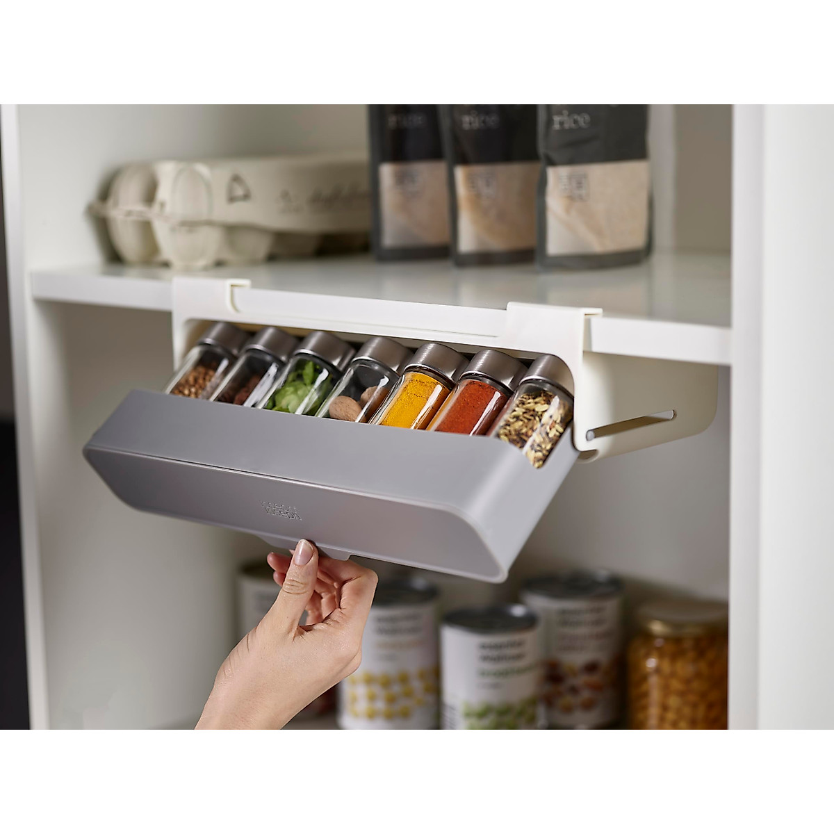 Joseph Joseph CupboardStore Spice Organizer 3M Tape Under-Shelf Pull Out Drawer Storage for Cabinet, One-size, Gray/White