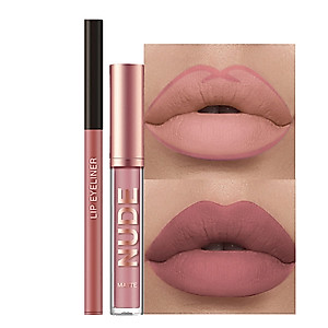 Rosarden 2Pcs Matte Lipstick and Lip Liner Set - Nude Lip Gloss and Lip Liner Set - Non-Stick Cup Waterproof Long Lasting Lipstick and Lip Liner Set -Velvety Cream Lipliner Lip Gloss MakeUp Set(#01)