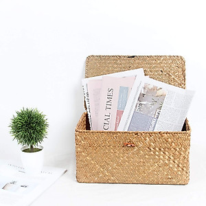 FEILANDUO Wicker Shelf Baskets with Lids, Seagrass Storage Baskets Bins Rectangular Woven Baskets Boxes for Organizing Home Decor Set of 3
