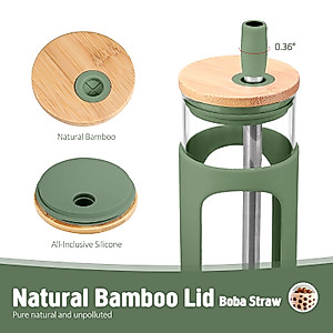 Kodrine 24oz glass tumbler with straw and lid,Iced coffee cup, Leak-proof Lid and Straw,Smoothie Cup With Bamboo Lid,Fit in Cup Holder, BPA Free, Dishwasher Safe (1, Olive)